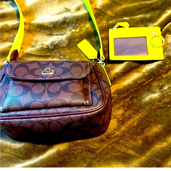 Coach | Bags | Coach Signature Sadie Neon Green And Brown Bag With Card ...